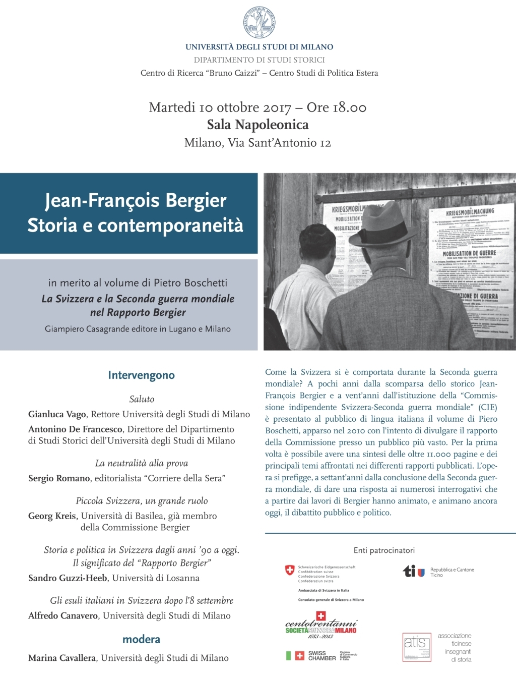 JEAN-FRANÇOIS BERGIER. STORIA E CONTEMPORANEITA’ | Swiss Chamber